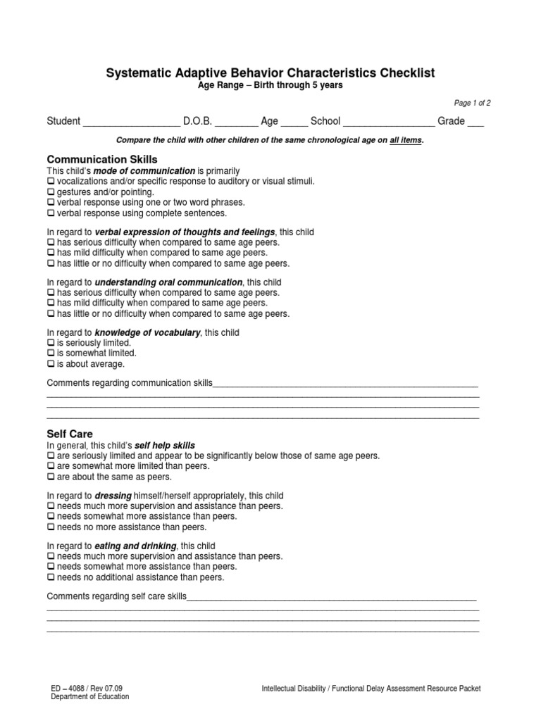 Systematic Adaptive Behavior Characteristics Checklist (B To 5) | PDF | Communication ...