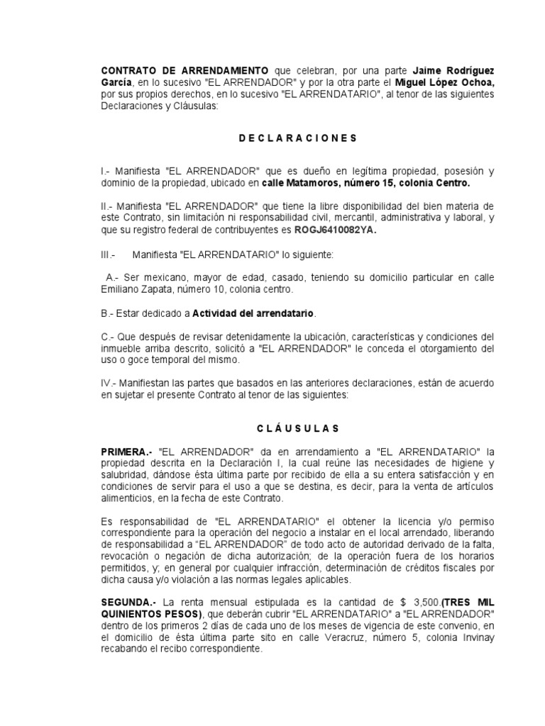Ejemplo Contrato De Arrendamiento Pdf Propiedad Pagos