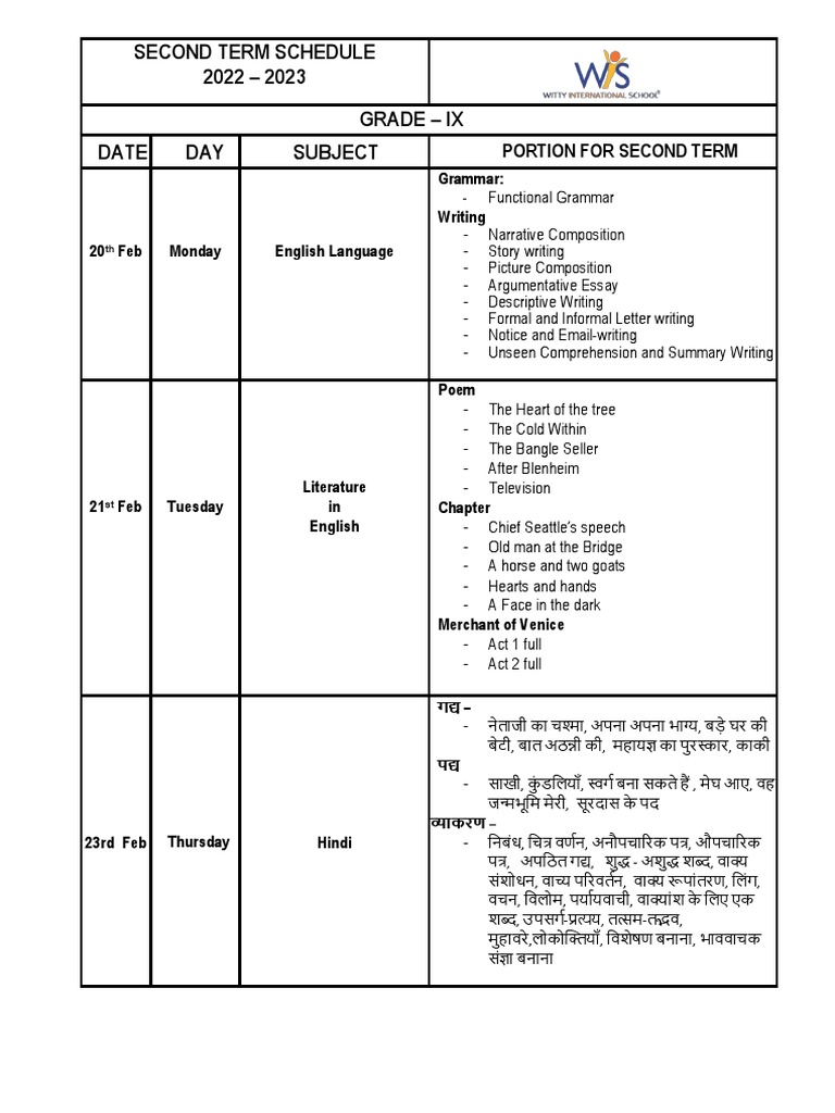 Grade 9 - SECOND TERM SCHEDULE | PDF