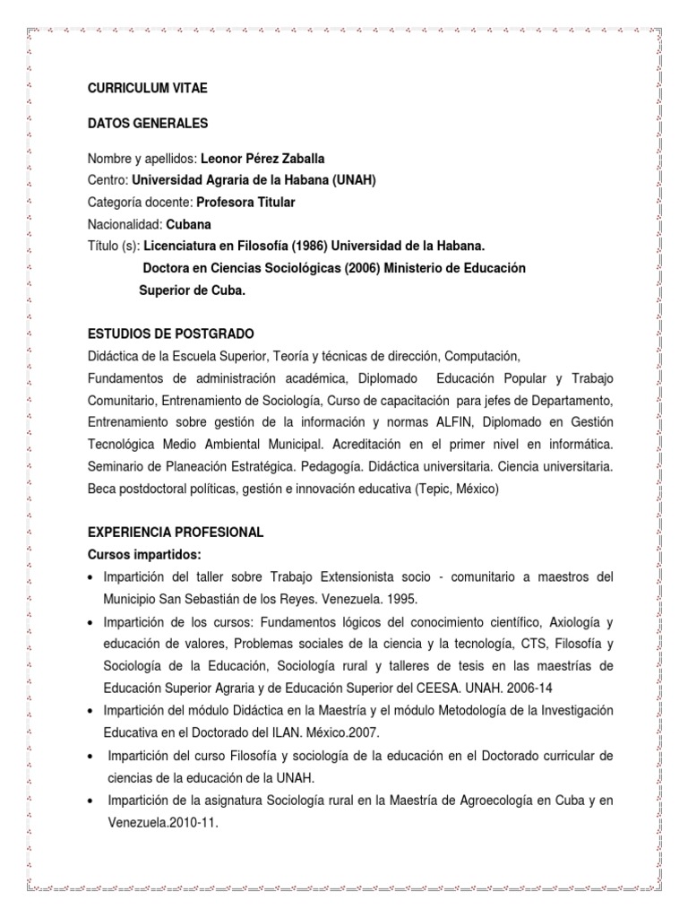 CURRICULUM VITAE - Dr.C. LEONOR PÉREZ | Descargar gratis PDF | Cuba | Plan de estudios