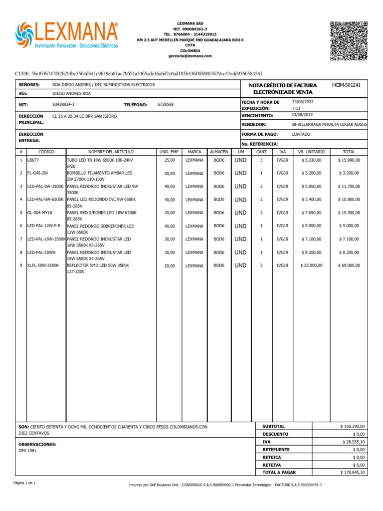 Nota Crédito Venta LEXMANA | PDF | Encendiendo | Componentes eléctricos