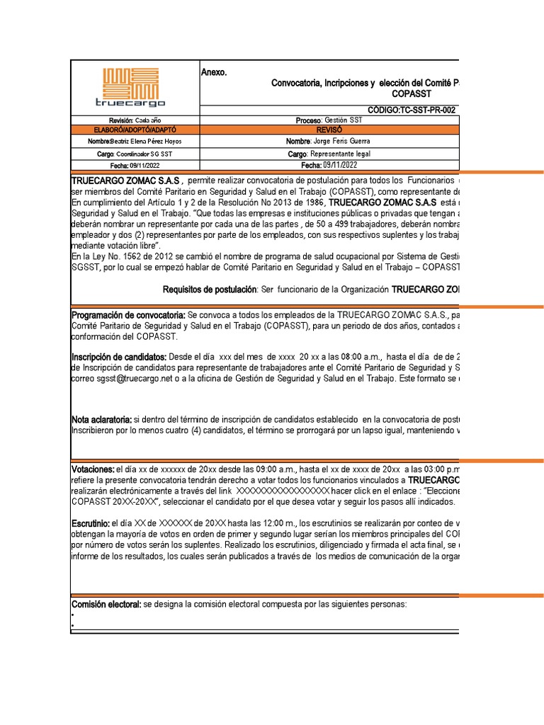 Código TC - SST - RG - 004 Formatos Copasst | PDF | Elecciones ...