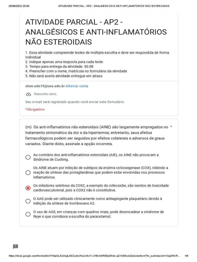 Atividade Parcial - Ap2 - Analgésicos e Anti-Inflamatórios Não Esteroidais | PDF | Anti ...