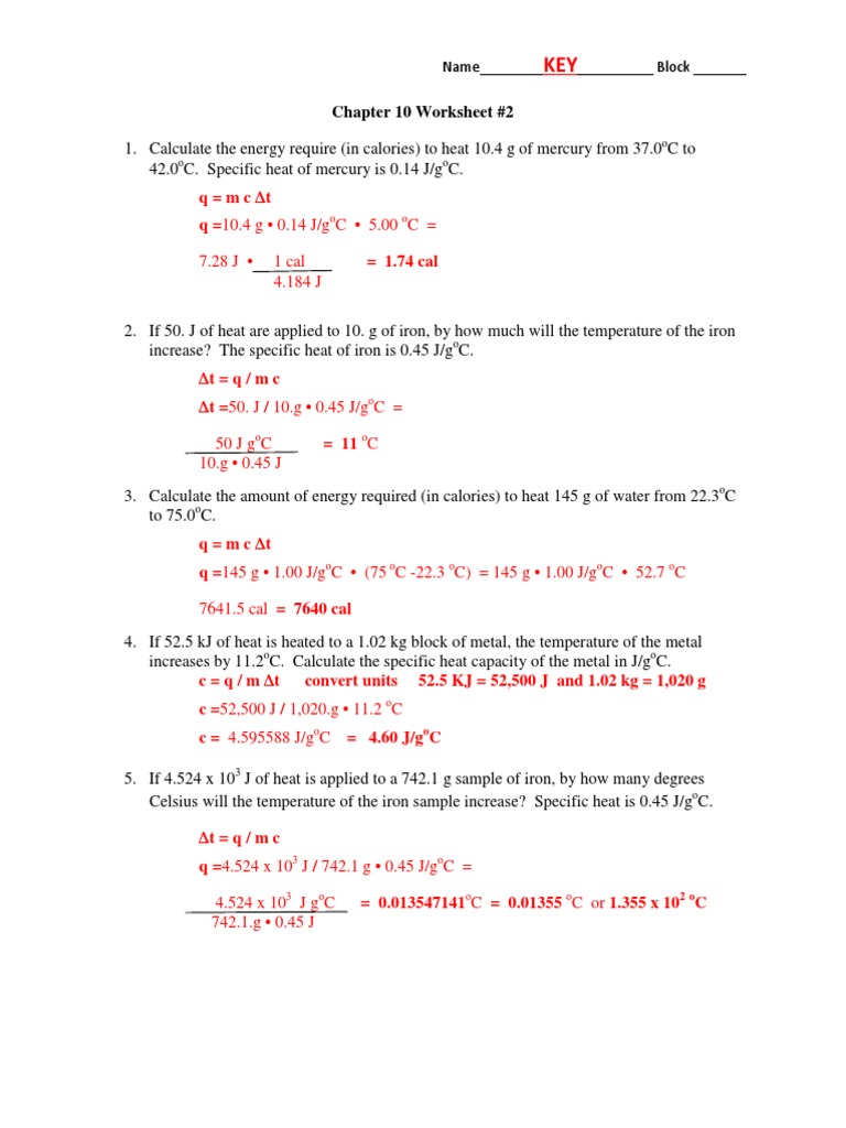 Q MC T Q 10.4 G - 0.14 J/G 1.74 Cal: Chapter 10 Worksheet #2 | PDF | Calorie | Metrology