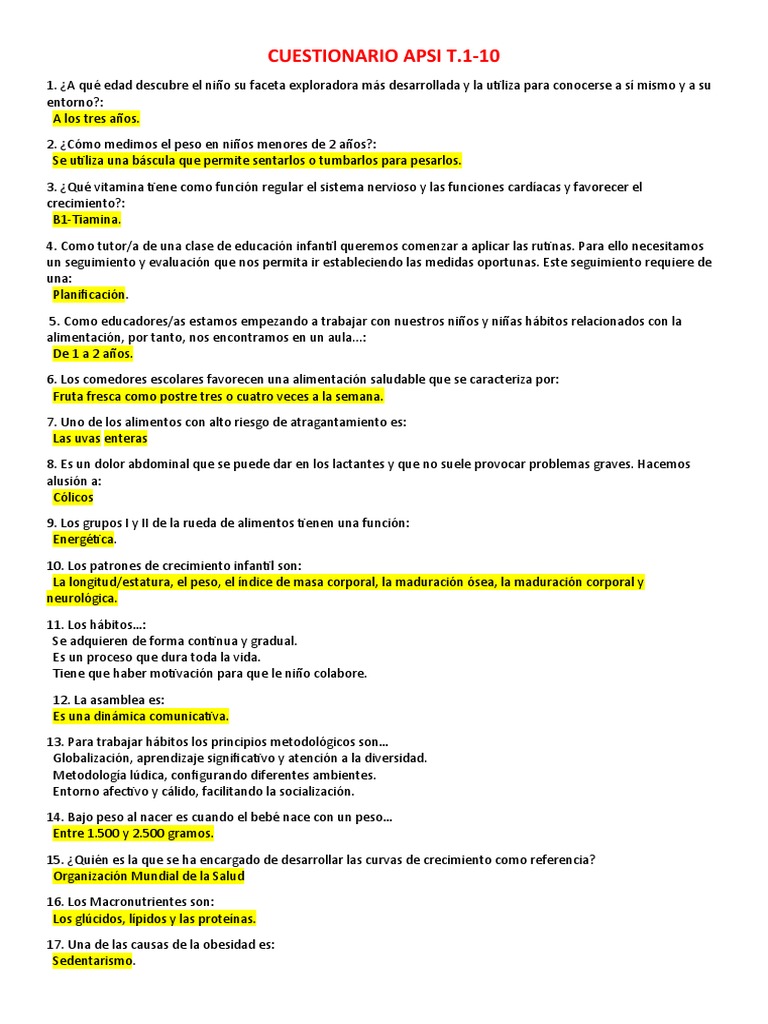 Cuestionario Apsi T. 1-10 | PDF | Dieta | Alimentos