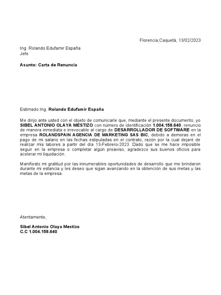 28 Modelo Carta de Renuncia Inmediata | PDF