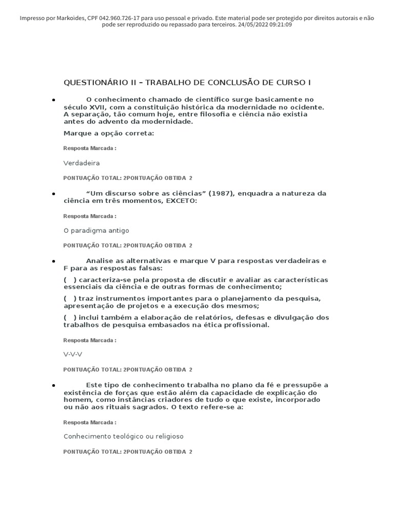 Passei Direto Questionario 2 TCC | PDF | Science | Conhecimento