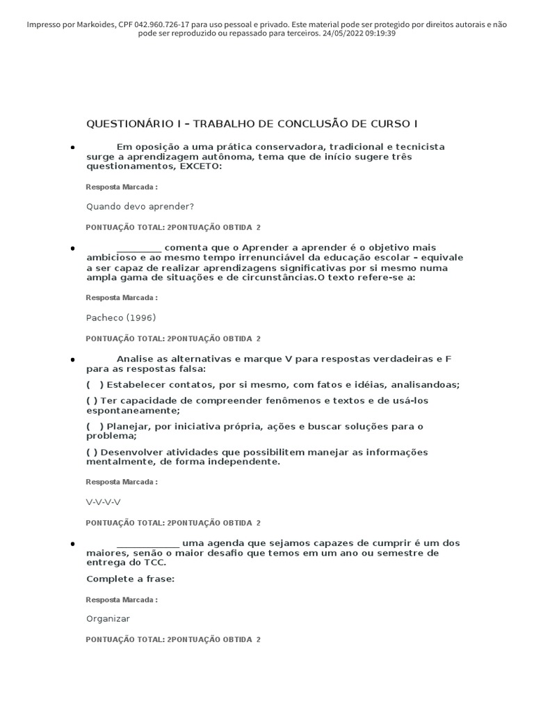 Passei Direto Questionario 1 TCC | PDF | Aprendizado | Science
