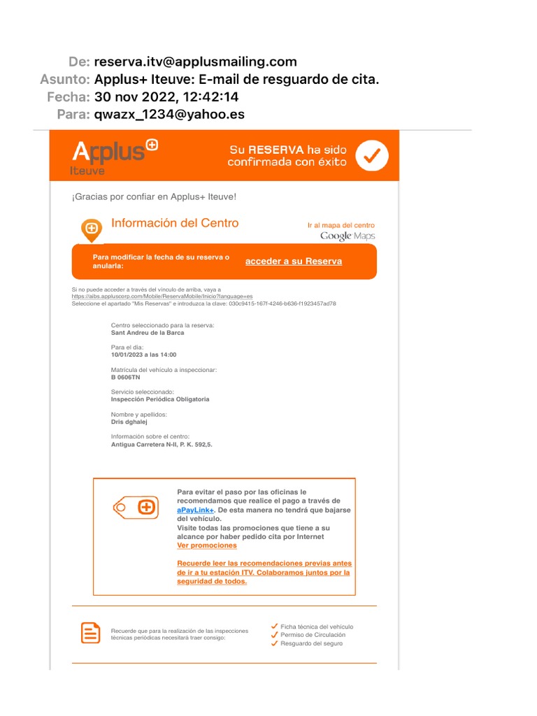 Applus+ Iteuve E-Mail de Resguardo de Cita 2 | PDF | Privacidad de la información