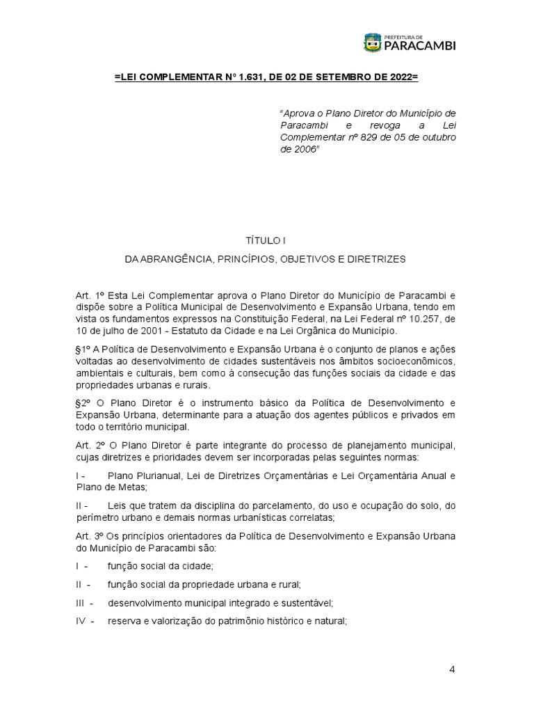 Lei Municipal 1631.2022 - Complementar - Plano Diretor | PDF