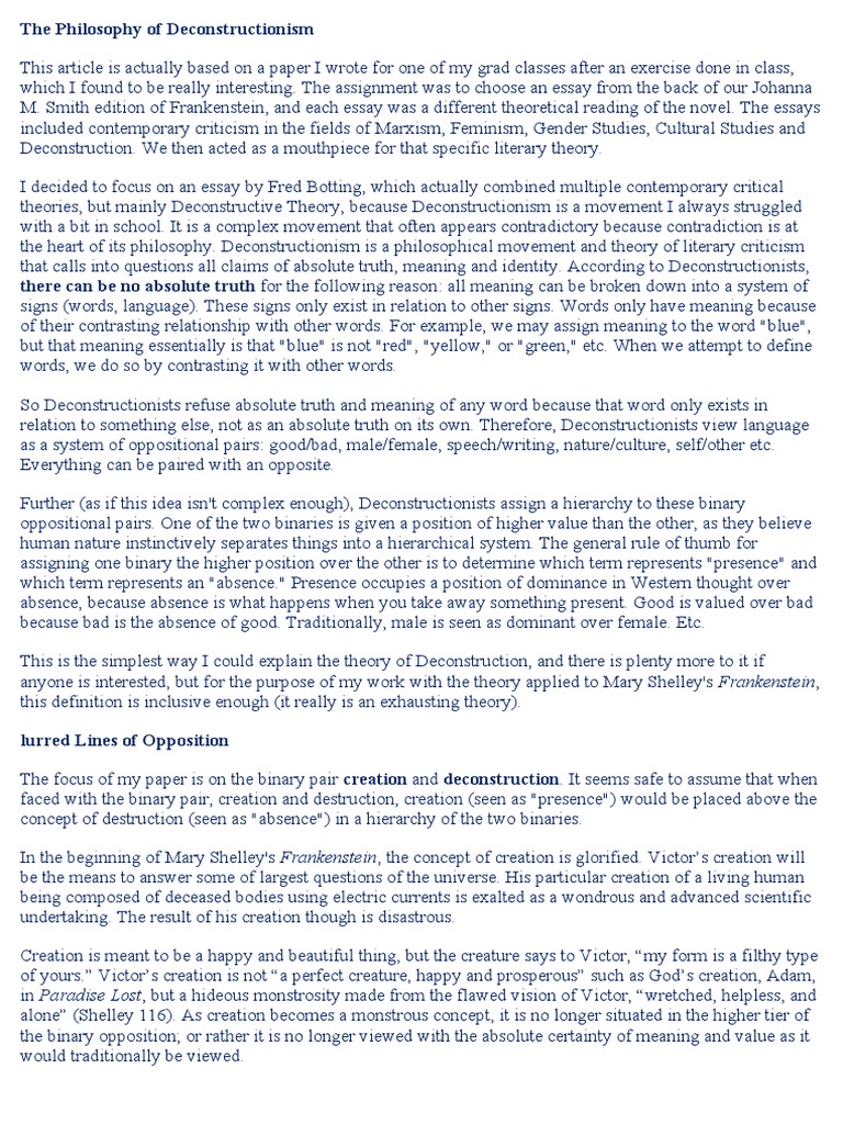 The Philosophy of Deconstructionism | PDF | Frankenstein | Deconstruction