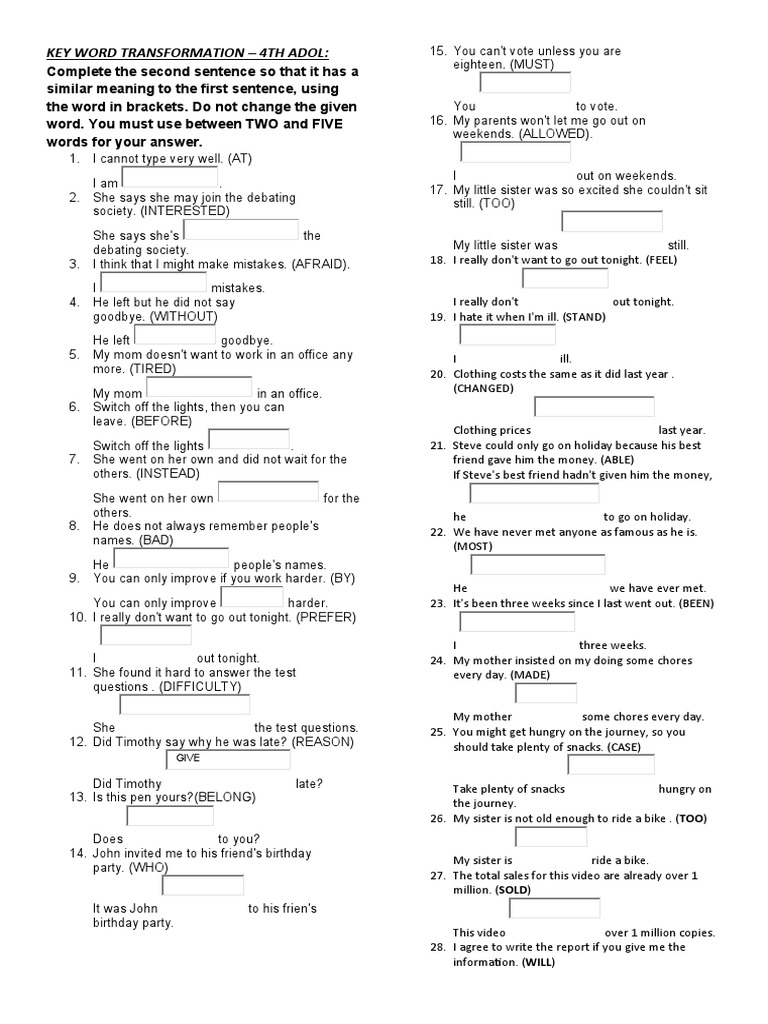 Key Word Transformation 4th Adol | PDF