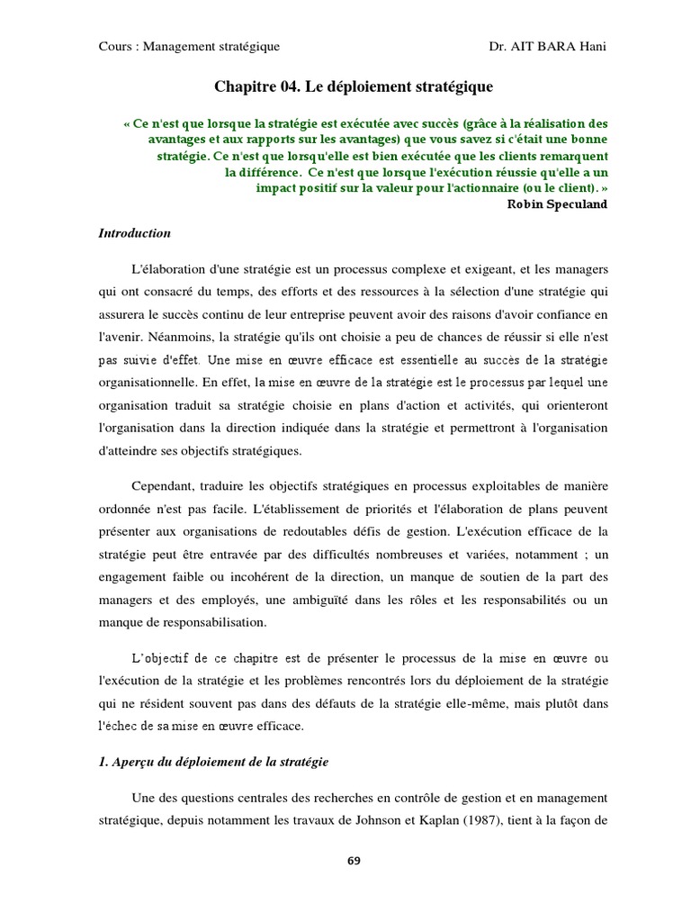 Chapitre 04. Le Déploiement Stratégique | PDF | Gestion stratégique | Business