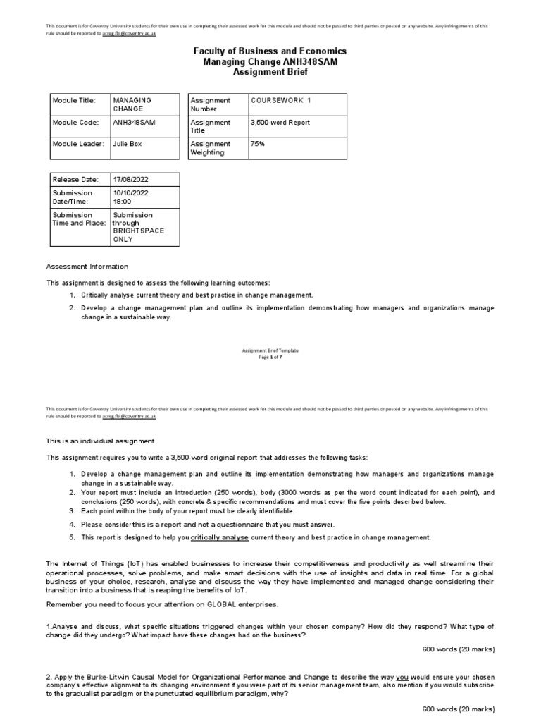 Managing Change CW1 and Marking Scheme - 202260 | PDF | Plagiarism | Understanding