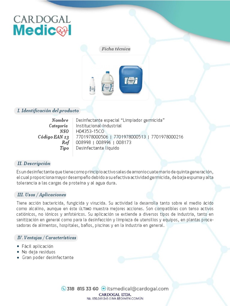 FICHA TECNICA DESINFECTANTE ESPECIAL | PDF | Agua | Quemar