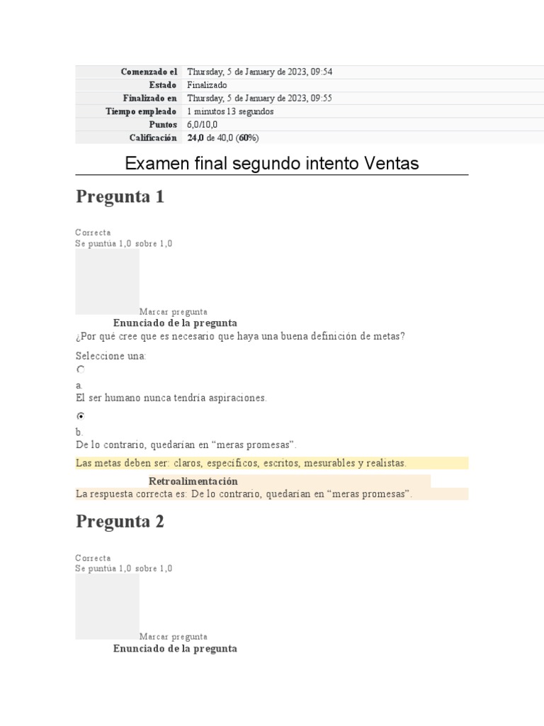 Examen Final Segundo Intento Ventas | PDF | Las emociones | Conceptos psicologicos