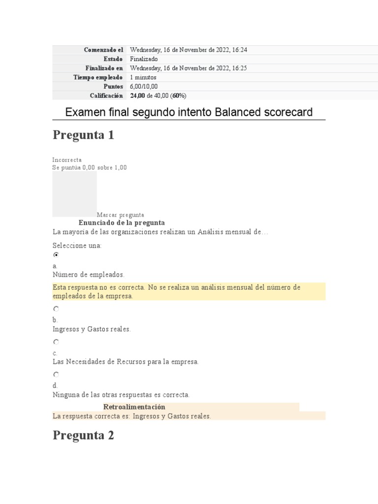 Examen Final Segundo Intento Balanced Scorecard | PDF | Presupuesto | Margen bruto