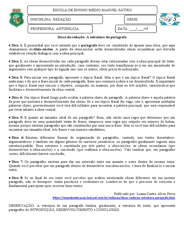 Dicas de Redação Parágrafo | PDF | Parágrafo