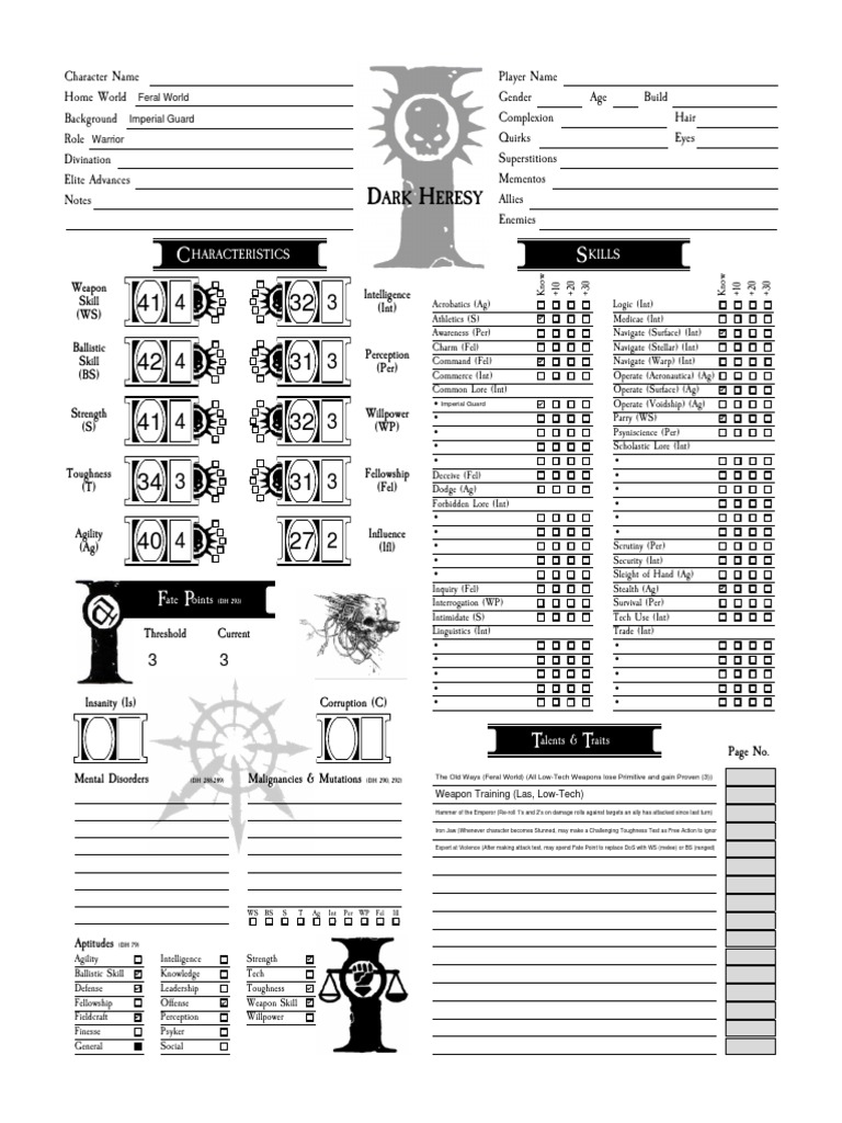 Dark Heresy Character Sheet - Warrior (Unfinished) | PDF