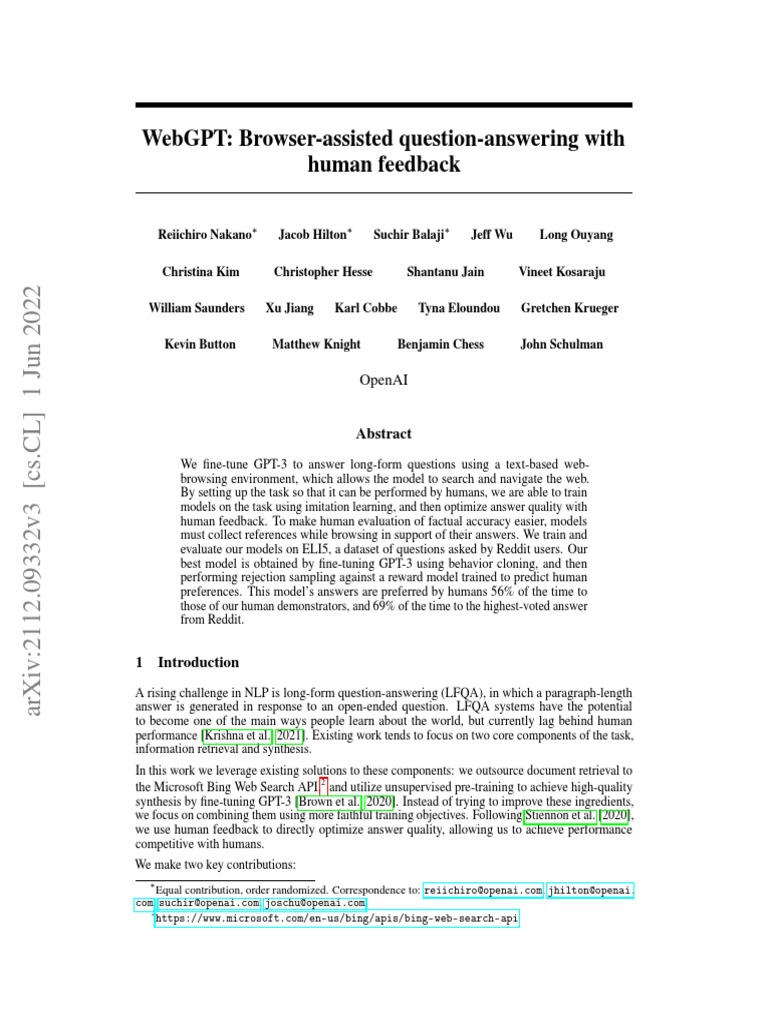 WebGPT: A Browser-Assisted Question-Answering Model Trained with Human Feedback | PDF | Bias ...