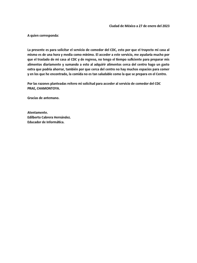 Formato para Peticion de Comedor. | PDF