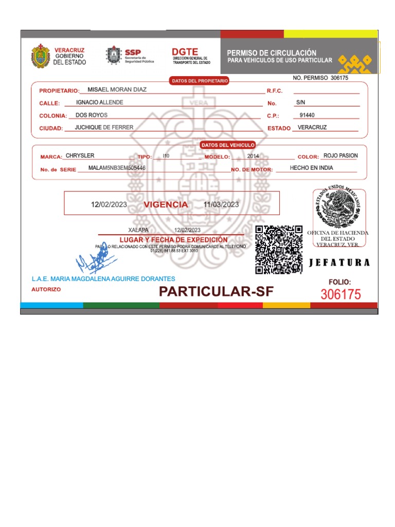 Permiso I10 Misael Juchique 306175 | PDF | Transporte | Coche