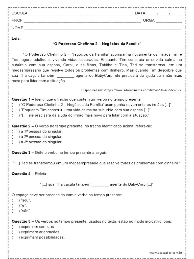 Atividade de Portugues Verbos No Tempo Presente 6o Ano Word | PDF