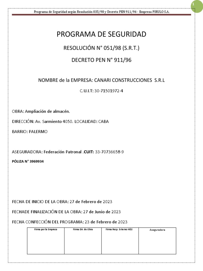 PROGRAMA DE SEGURIDAD Res SRT 35 - EJEMPLO | PDF | Seguridad y salud ocupacional | Valores