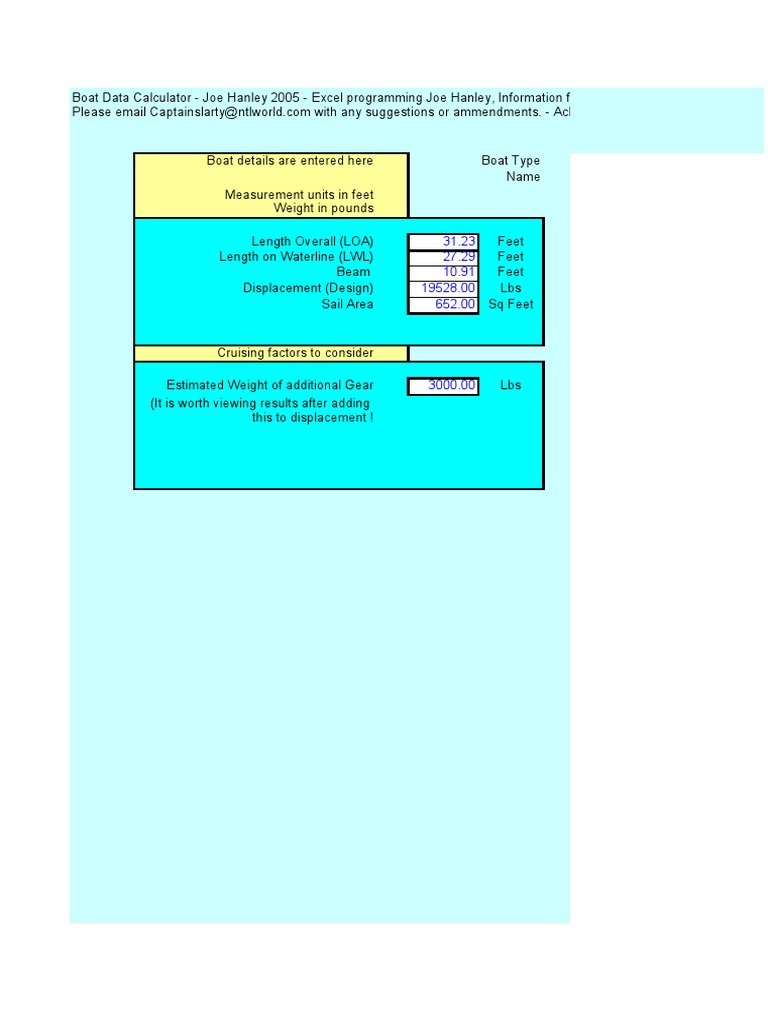 Boat Data Calculator | PDF | Hull (Watercraft) | Yacht