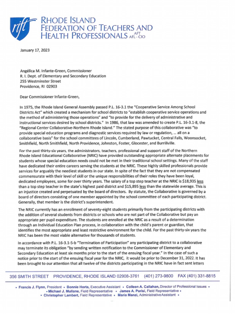 Rhode Island Federation of Teachers and Health Professionals Letter To ...