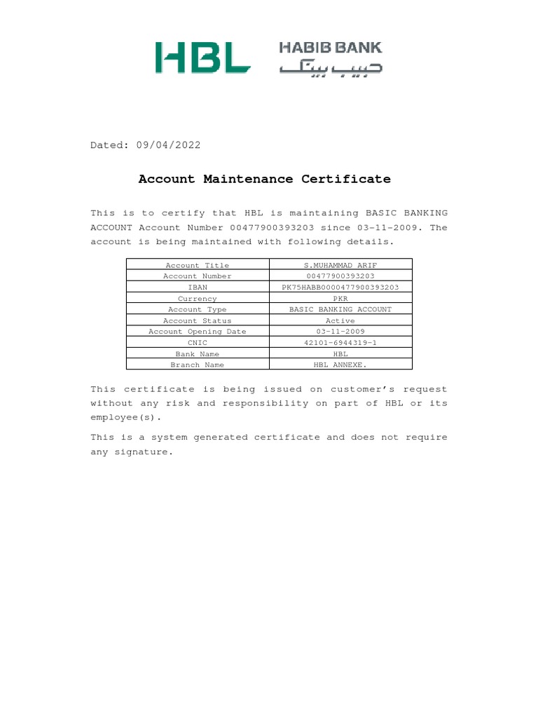 HBL Account Maintenance Certificate | PDF