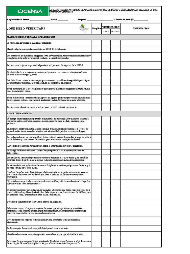 Lista de verificación para el programa de gestión de materiales ...