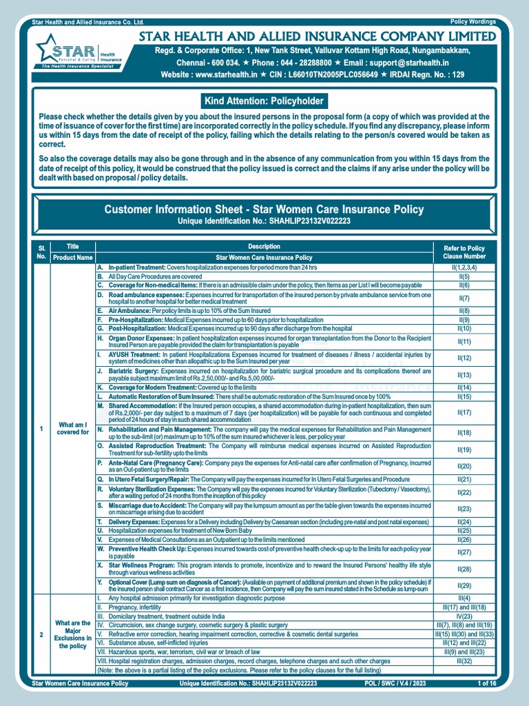 Women Care Insurance Policy Policyclacuse | PDF | Cancer | Intensive ...