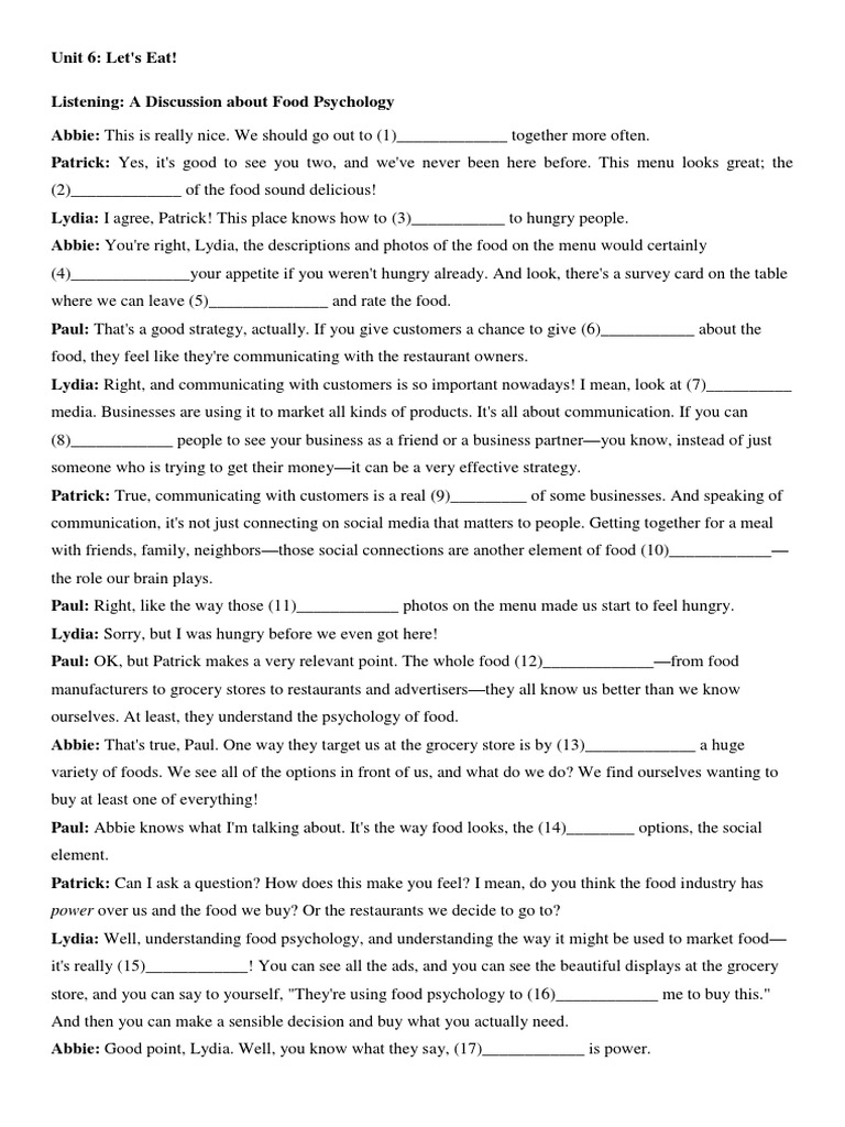 Unit 6 Let's Eat Listening A Discussion About Food Psychology - Ss | PDF | Menu