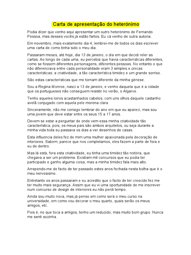 Carta de Apresentação Do Heterónimo | PDF