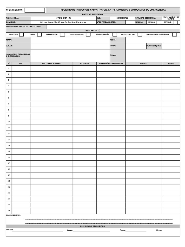 Registro de Inducción, Capacitación, Entrenamiento y Simulacros de Emerg... | PDF