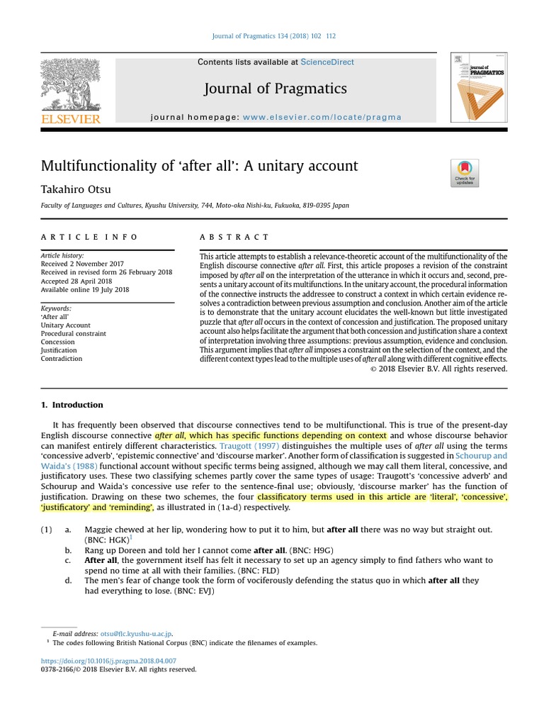 Otsu 2018 Multifunctionality of After All' A Unitary Account | PDF | Evidence | Relevance