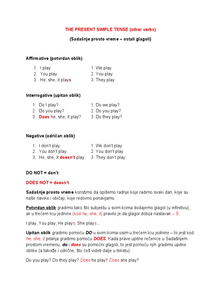 THE PRESENT SIMPLE TENSE Ostali Glagoli | PDF