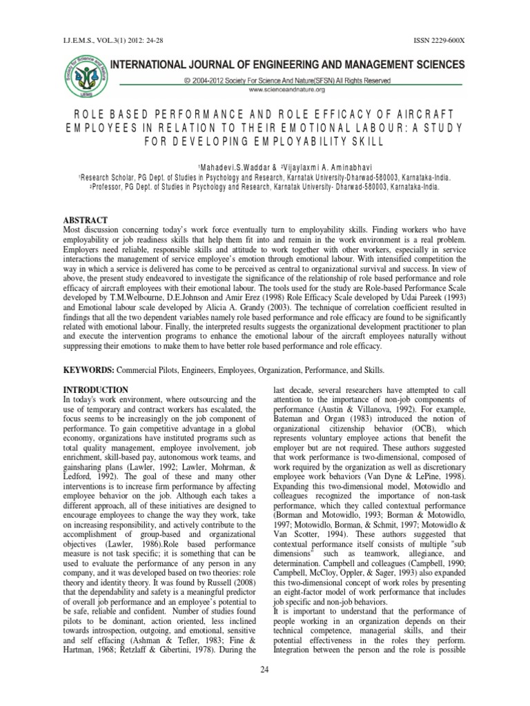 Role Based Performance and Role Efficacy of Aircraft Employees in Relation To Their Emotional ...