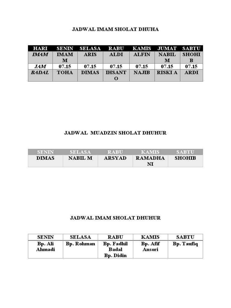 Jadwal Imam Sholat Dhuha | PDF