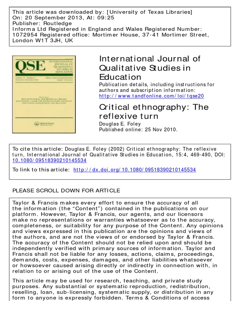 Foley-Critical Ethnography - The Reflexive Turn | PDF | Ethnography ...