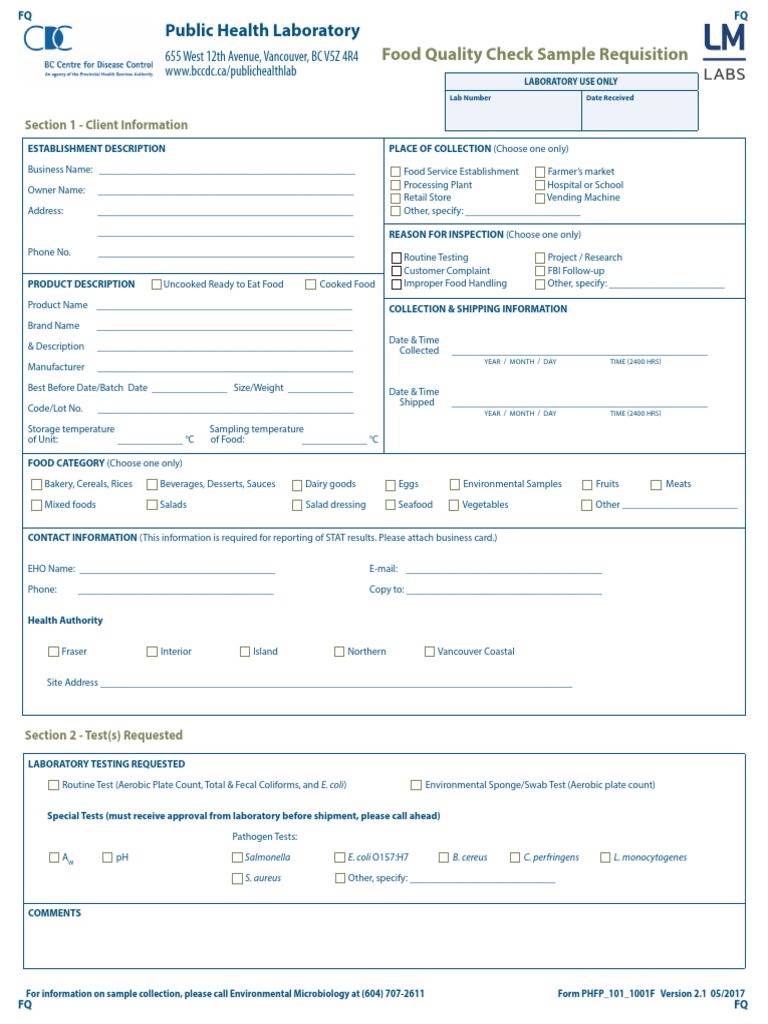 Food Quality Check Sample Requisition Form | PDF | Foods | Foodborne ...