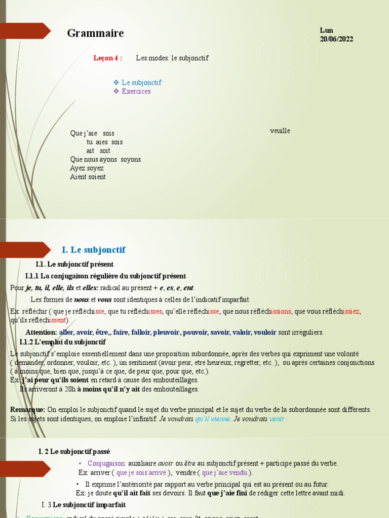 Lecon 4 (Le Subjonctif) | PDF | Verbe | Typologie linguistique