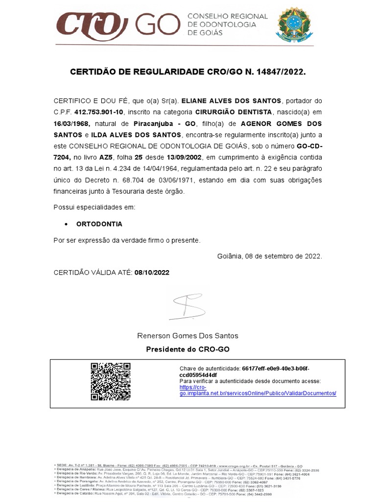 Certidão de Regularidade Cro/Go N. 14847/2022 | PDF