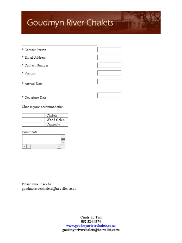 Booking Form - Goudmyn River Chalets | PDF