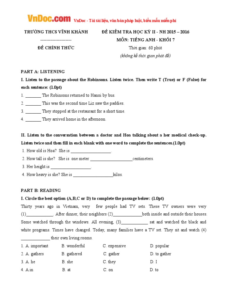 Bo de Thi Hoc Ky 2 Mon Tieng Anh Lop 7 Co Dap An | PDF