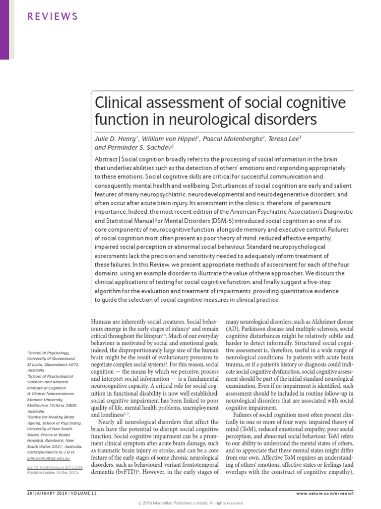 Clinical Assessment of Social Cognitive | PDF | Empathy | Theory Of Mind