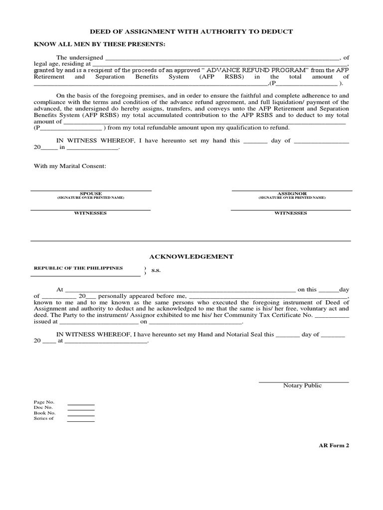 Deed of Assignment for AFP RSBS Refund | PDF | Deed | Taxes