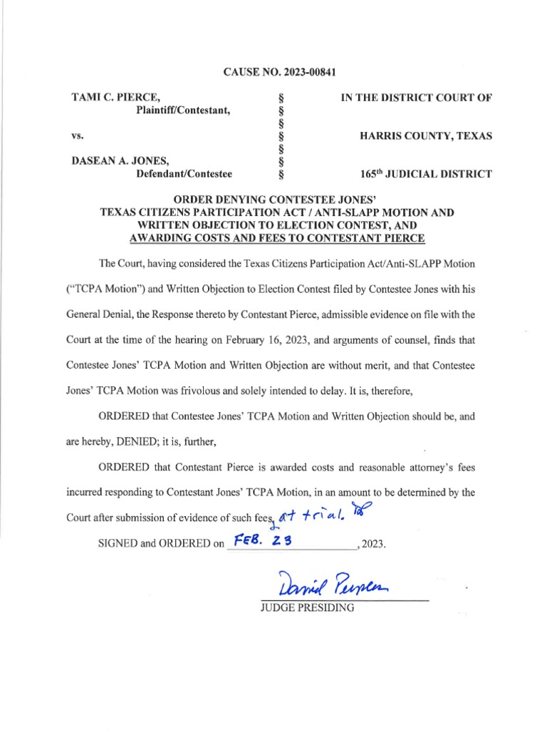 Pierce V Jones - Order Denying TCPA Motion To Dismiss | PDF