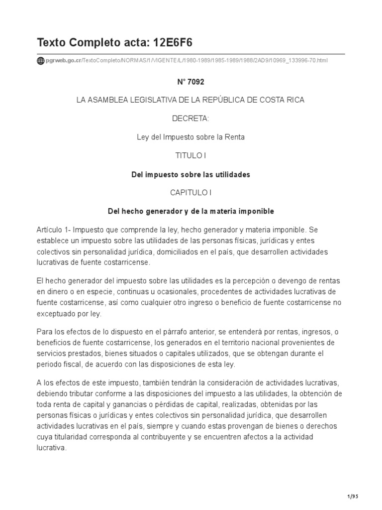 Ley 7092 - Impuesto Sobre La Renta | PDF | Impuesto sobre la renta | Impuestos